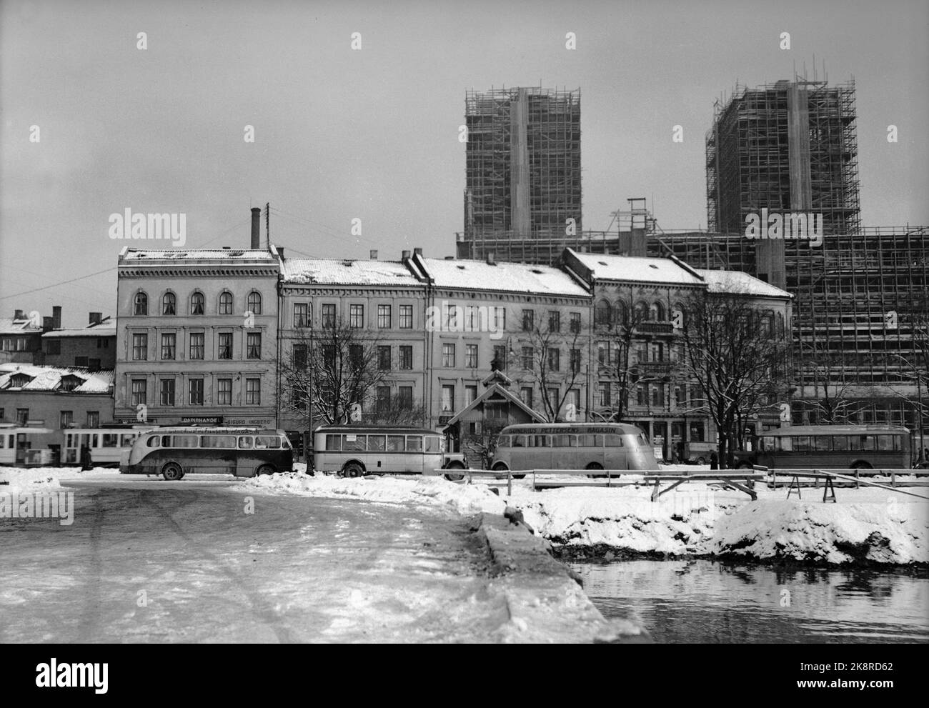 Oslo March 1937 Pipervika in the center of Oslo. Behind Th. The towers ...
