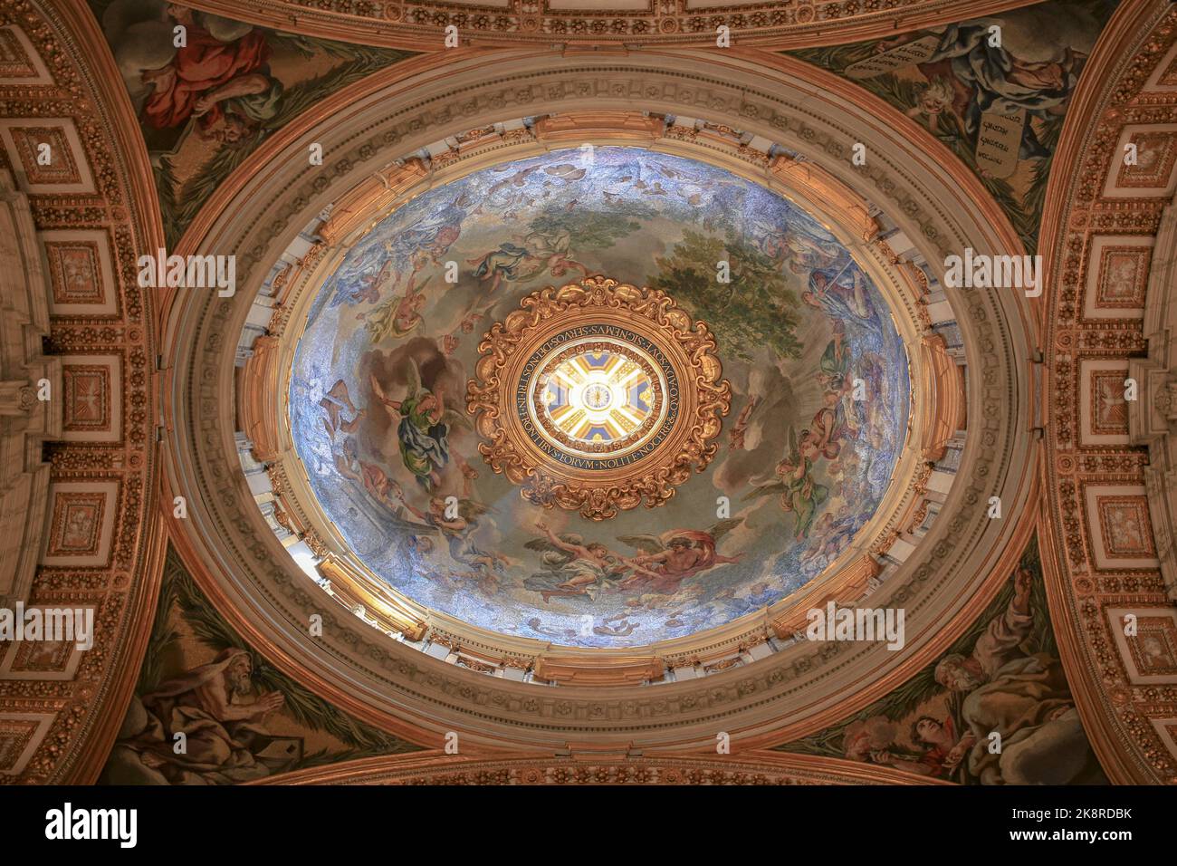 A shot of the ceiling of an ancient temple at a low angle with original ...
