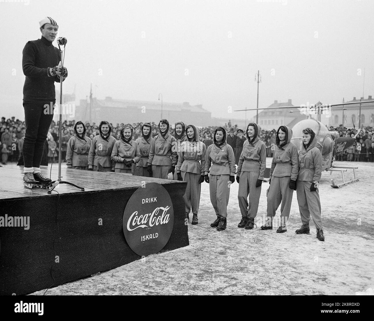 Oslo Winter Olympics 1952. The Olympic (hostess) in front of the town ...