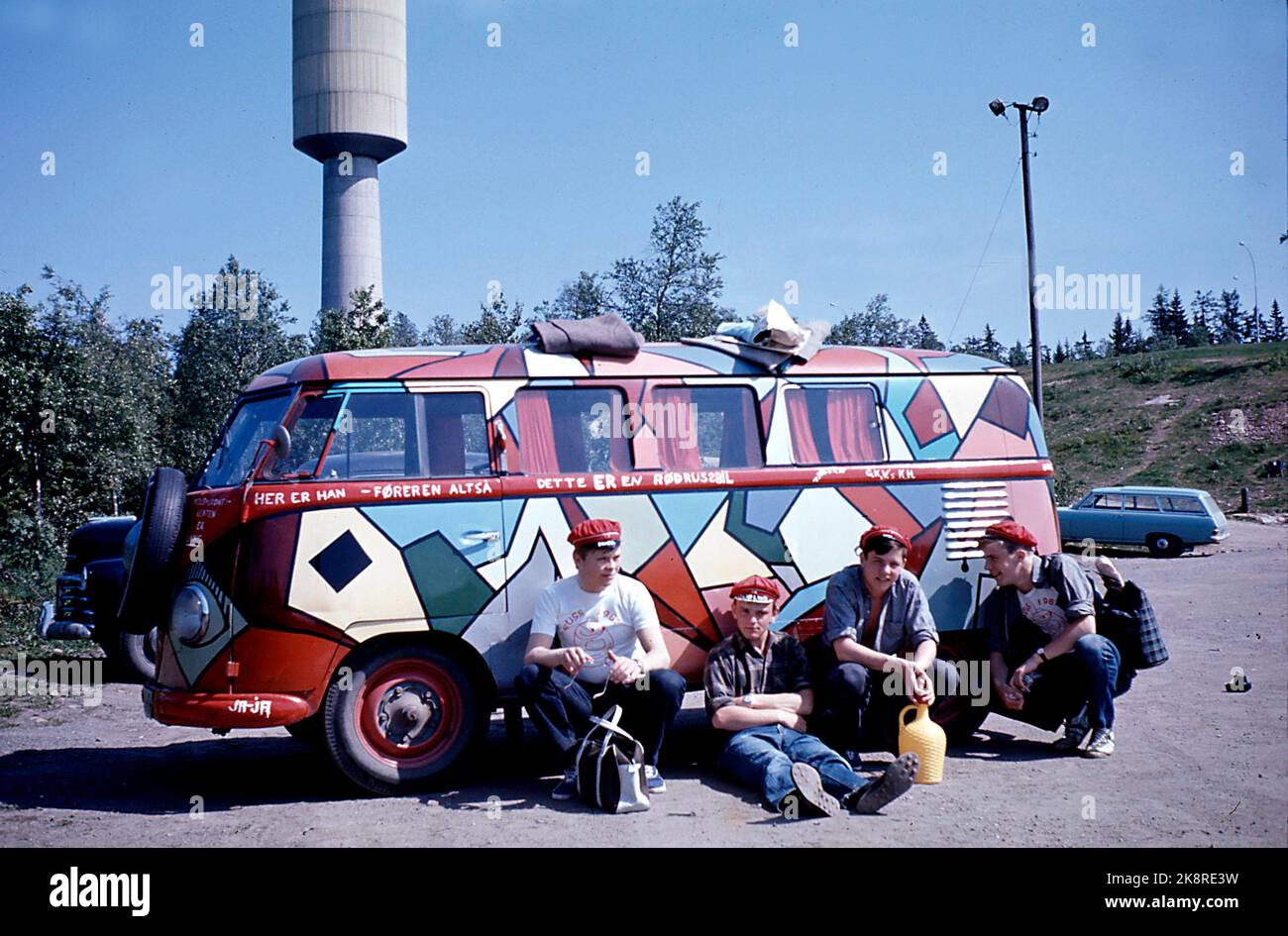 Oslo. Tryvann 1967 Red Russian with Russian car. Russian celebration in ...