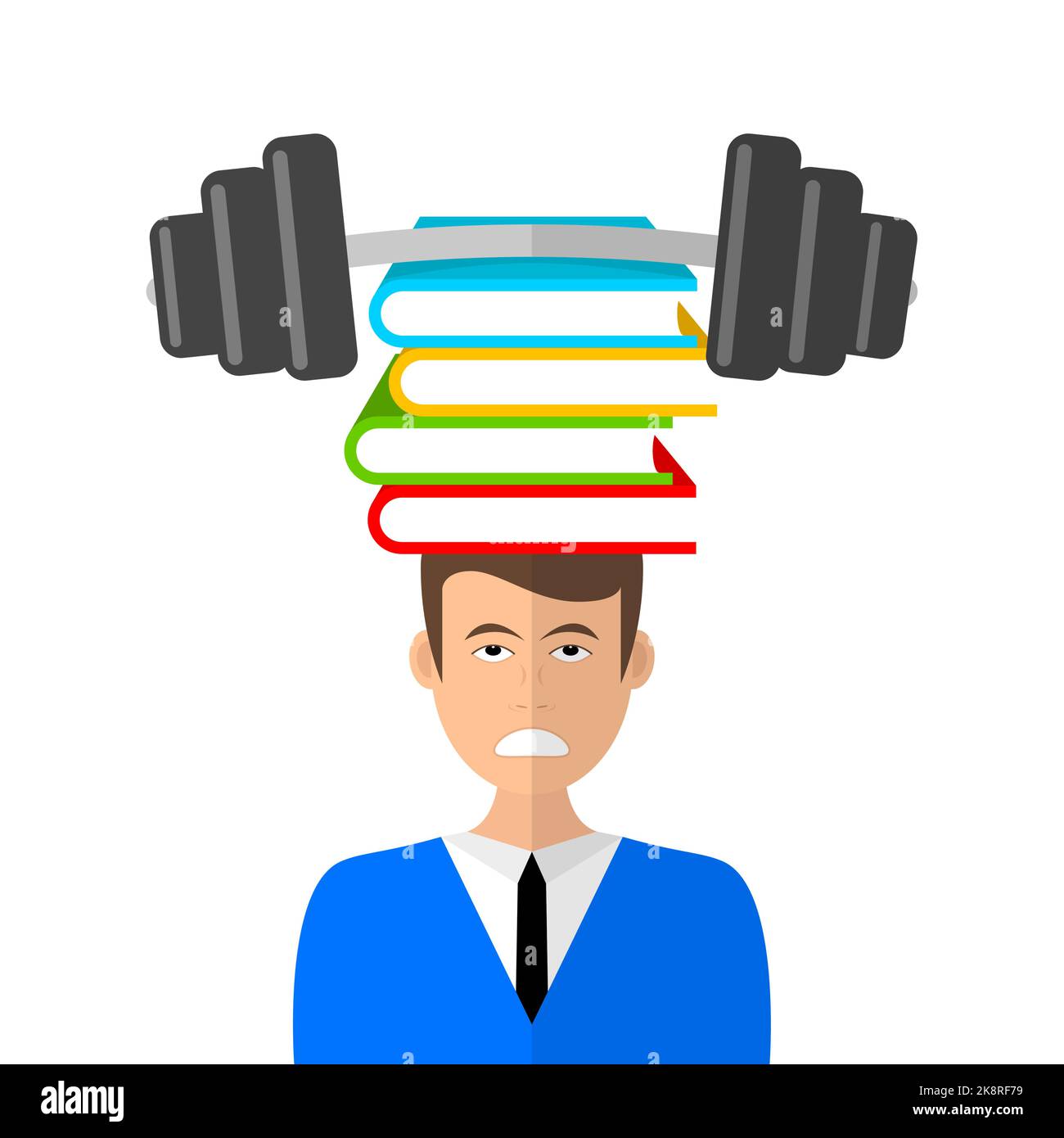 Young boy carring a heavy pile of books. Education concept. Vector ...