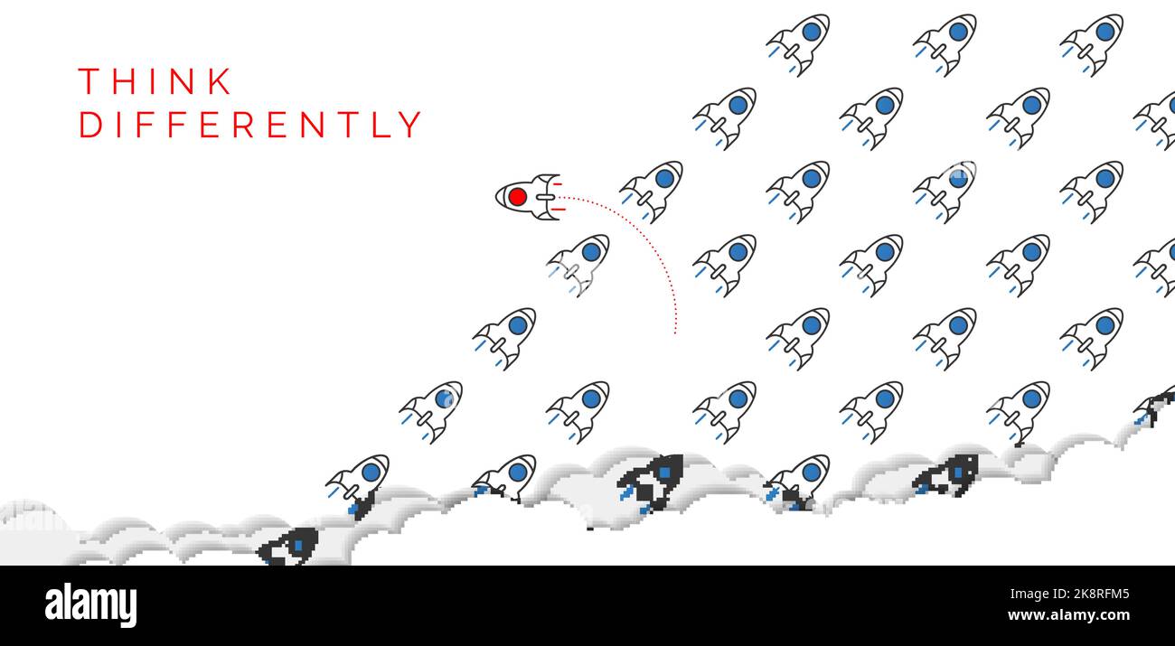 Think differently concept. Rocket changing direction. Vector ...