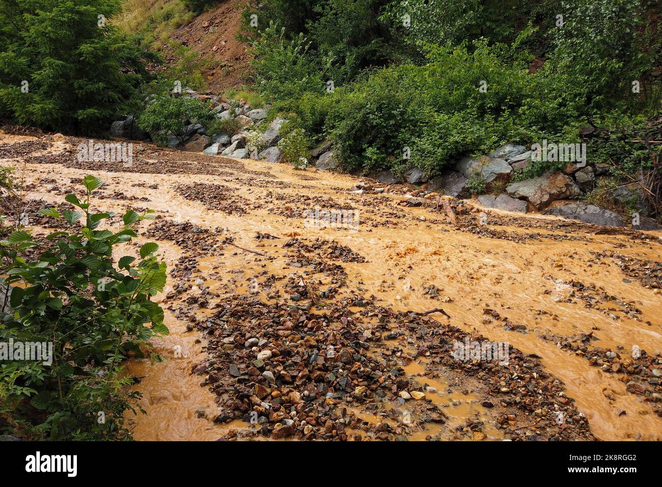 Garbage and sediment carried by the stream feeding the dam lake in ...
