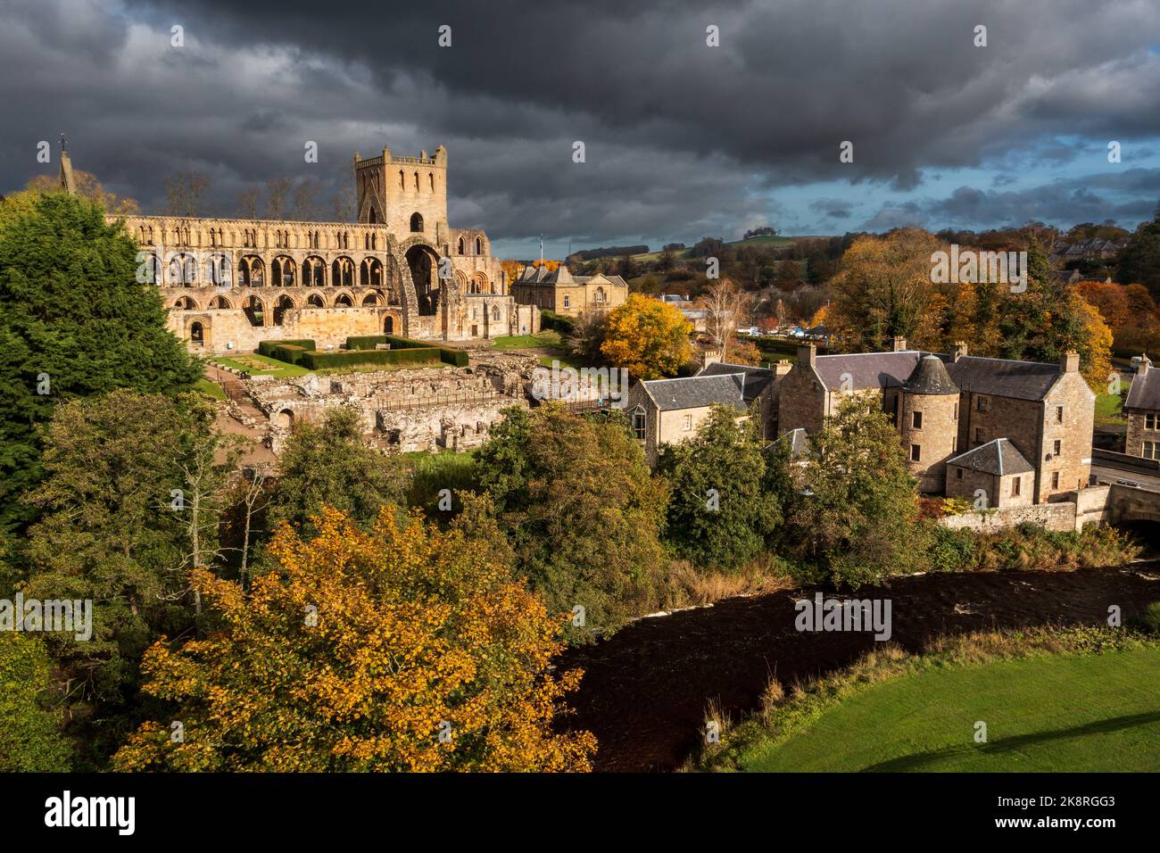 Aerial view of Jedburgh and its famous Abbey, Jedburgh, Scottish ...
