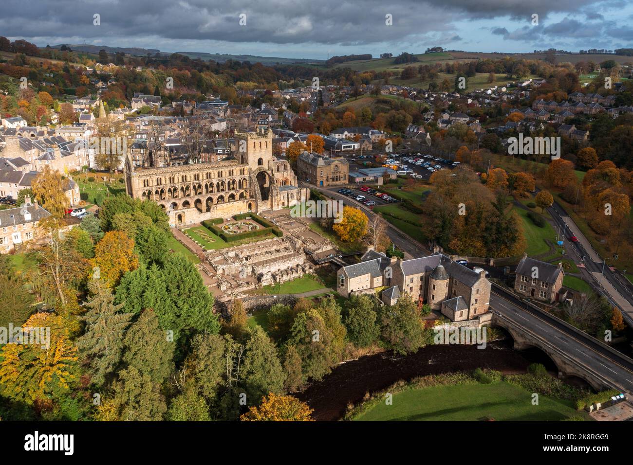 Aerial view of Jedburgh and its famous Abbey, Jedburgh, Scottish ...