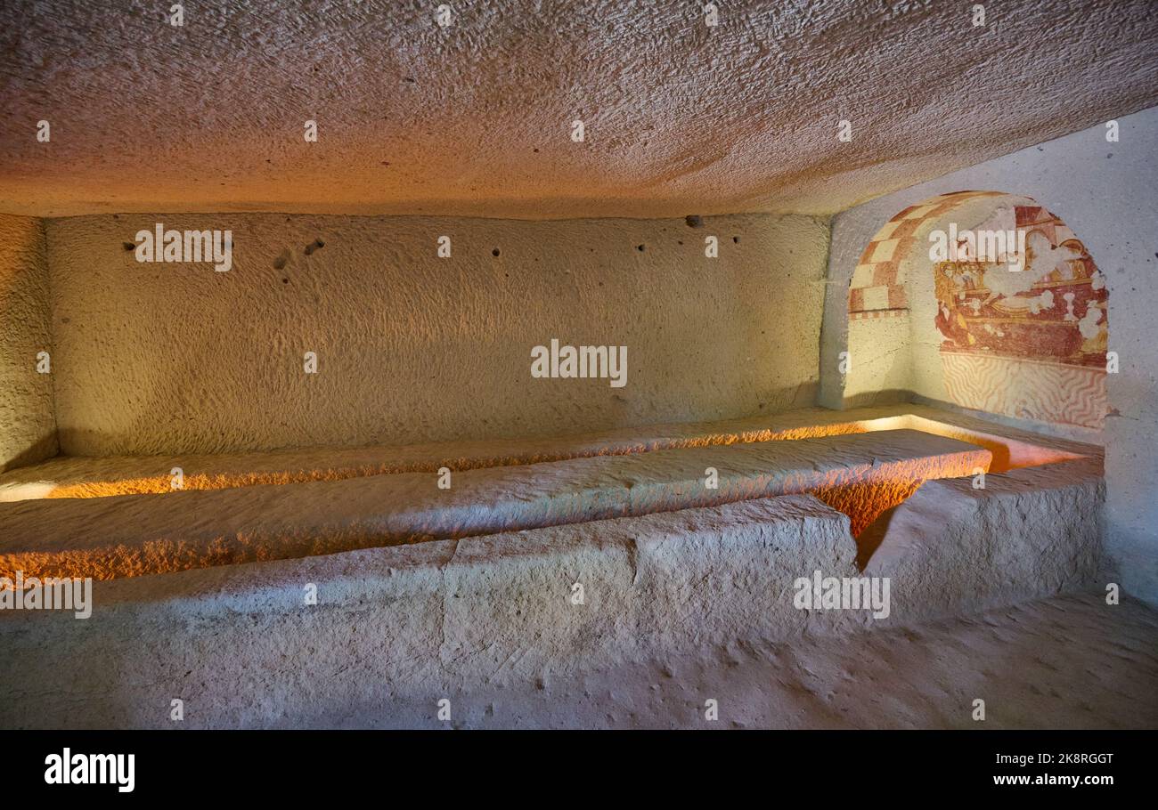 Refectory, detail of an interior room carved into the tuff in goreme ...