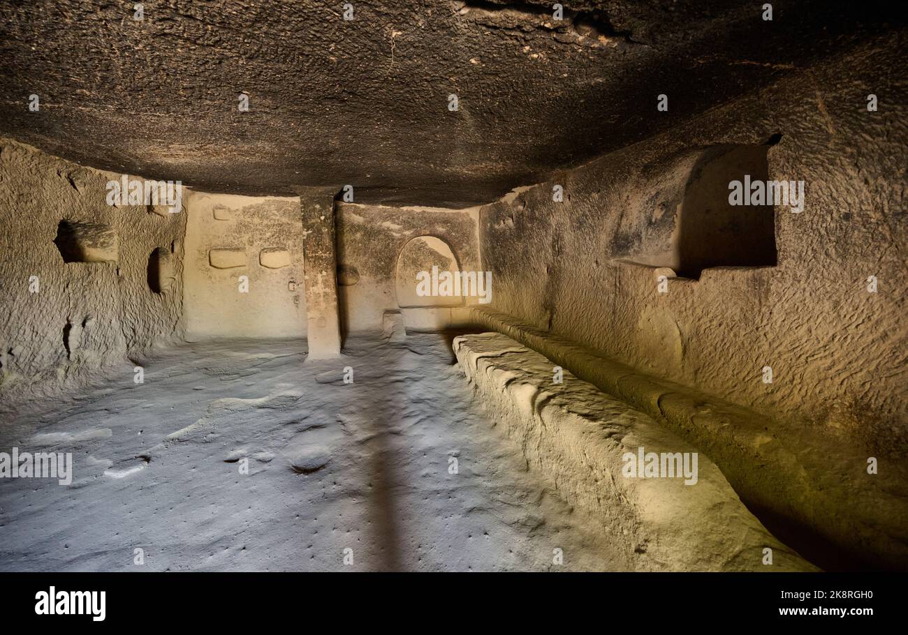 Refectory, detail of an interior room carved into the tuff in goreme ...