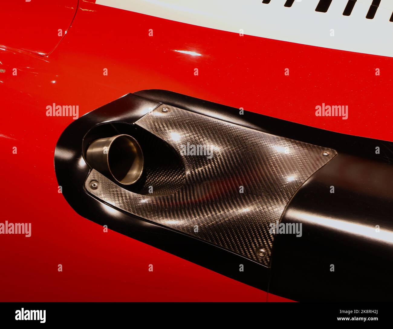 Detail of the exhaust on Fernando Alonso's Formula 1 Ferrari on display ...