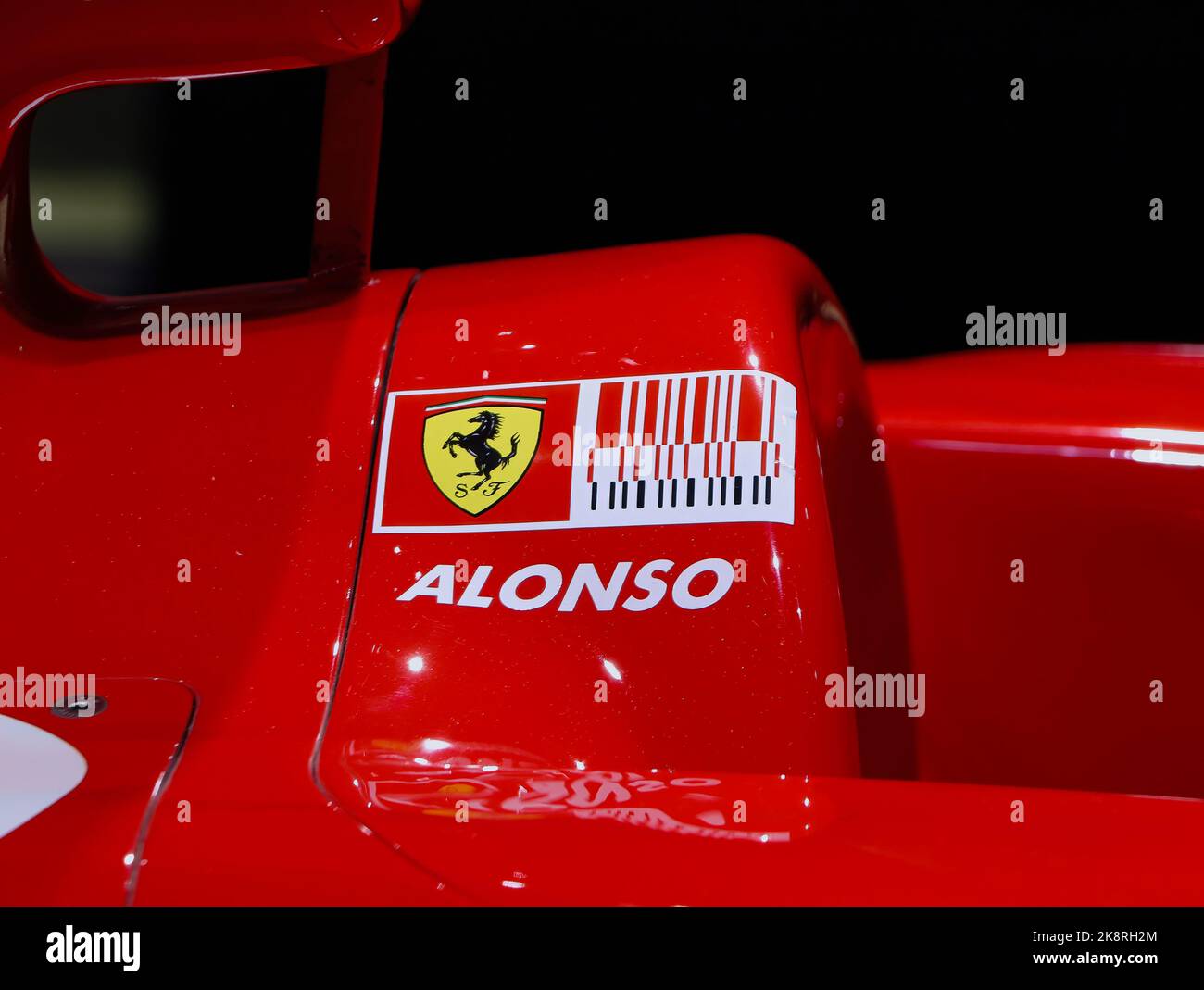 Detail of Ferrari badge and Alonso name on Fernando Alonso's Formula 1 ...