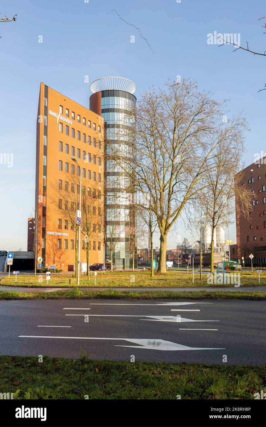 The Modern office buildings along traffic motorway in Dutch city ...