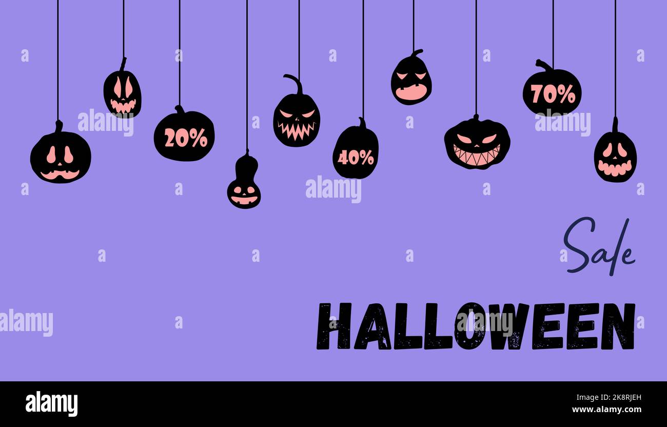 Halloween Sale banner. Vector flat pumpkins with scary faces. Design ...