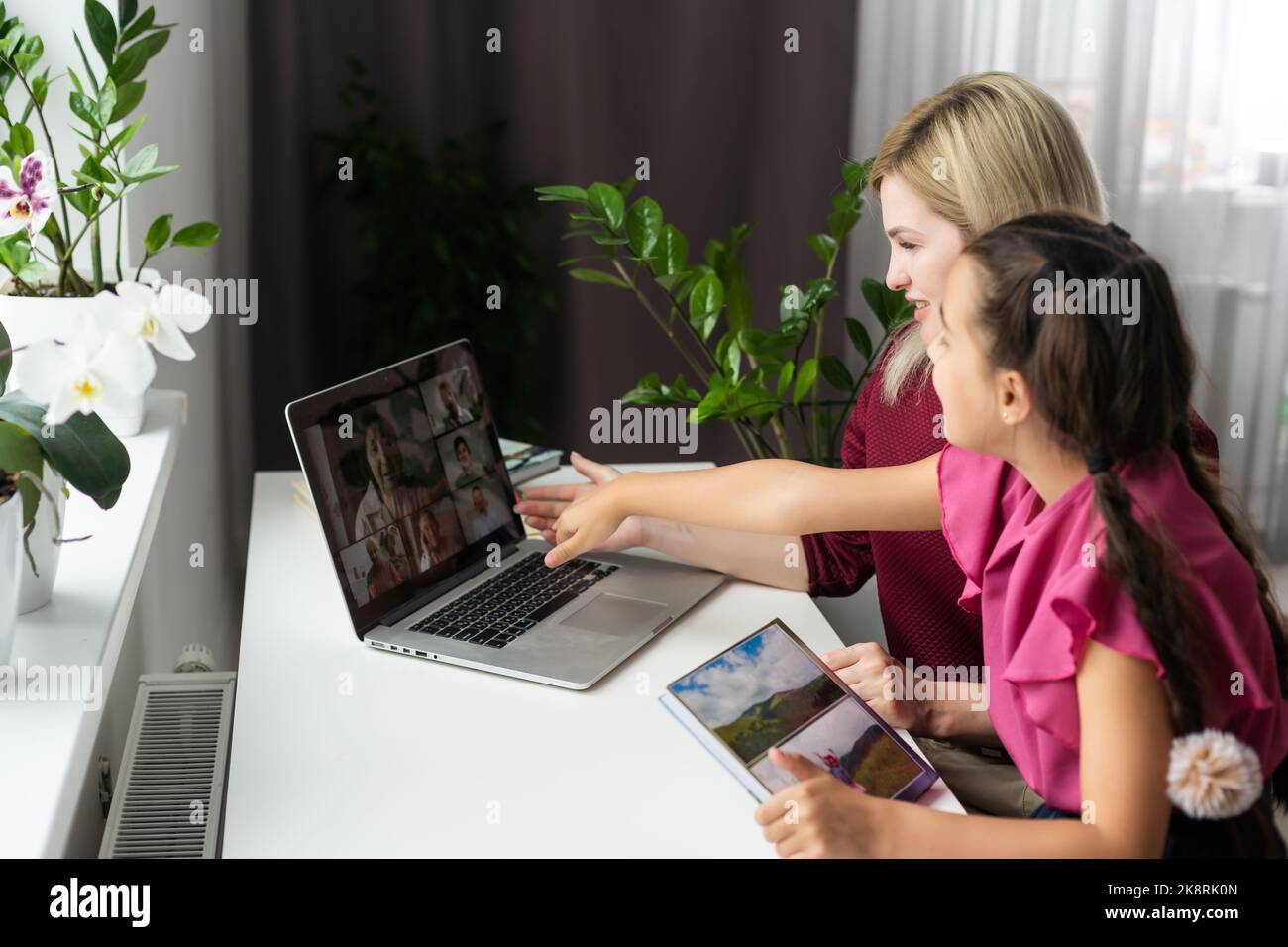 Teen girl distance learning virtual distance online class on video call ...