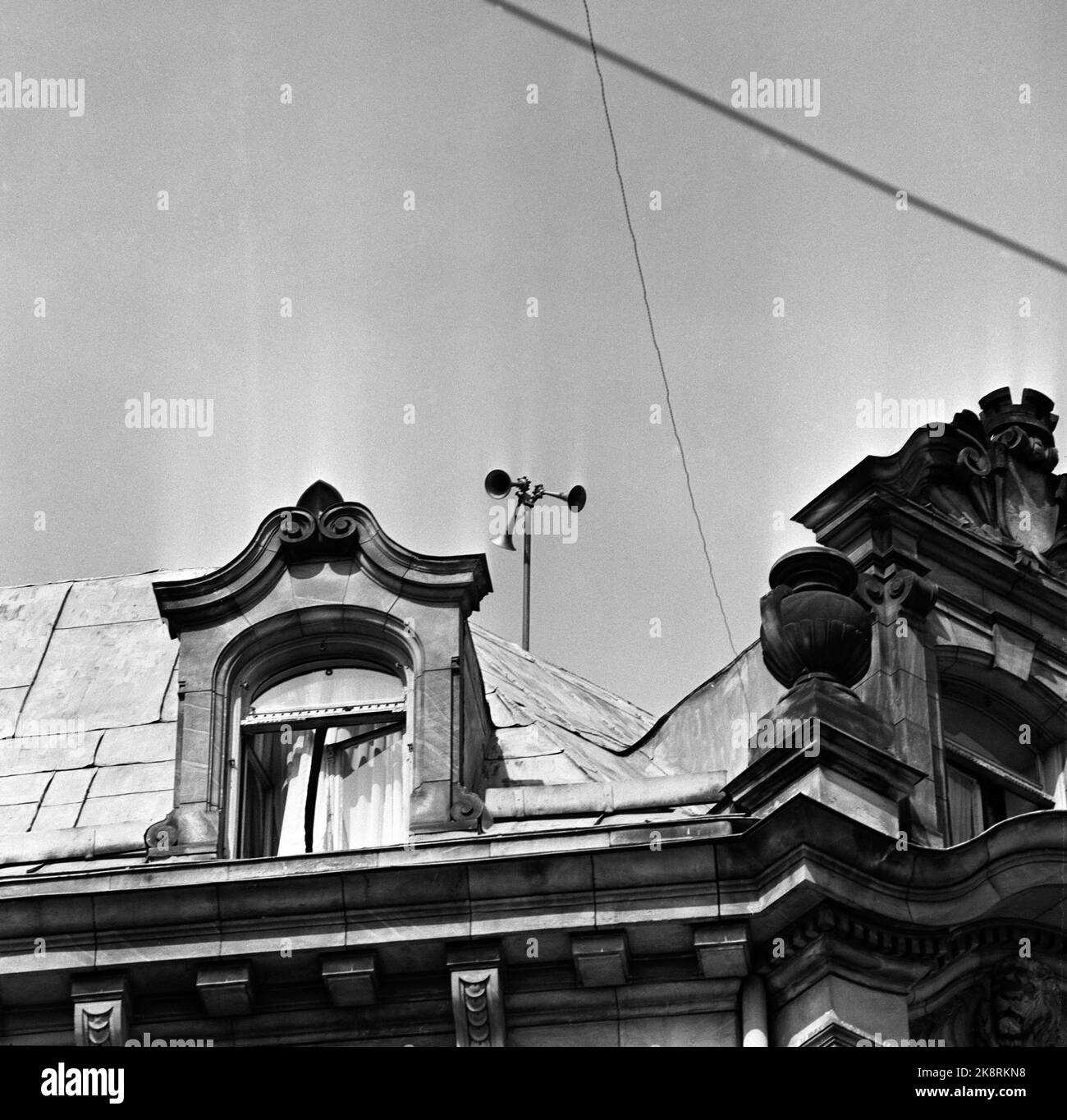 Oslo 19690611. Air protection sirens on building in downtown Oslo ...