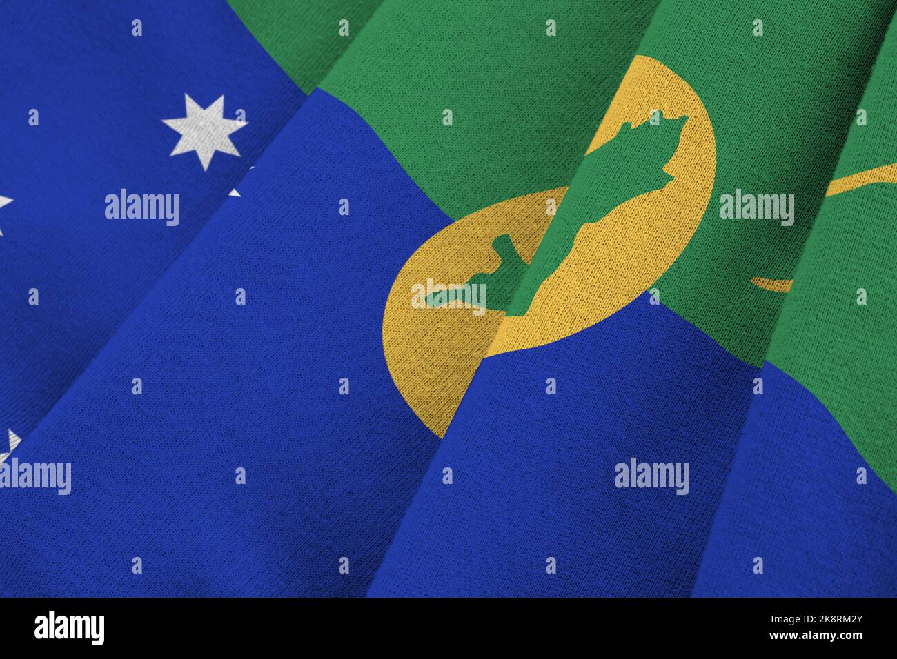 Christmas island flag with big folds waving close up under the studio ...