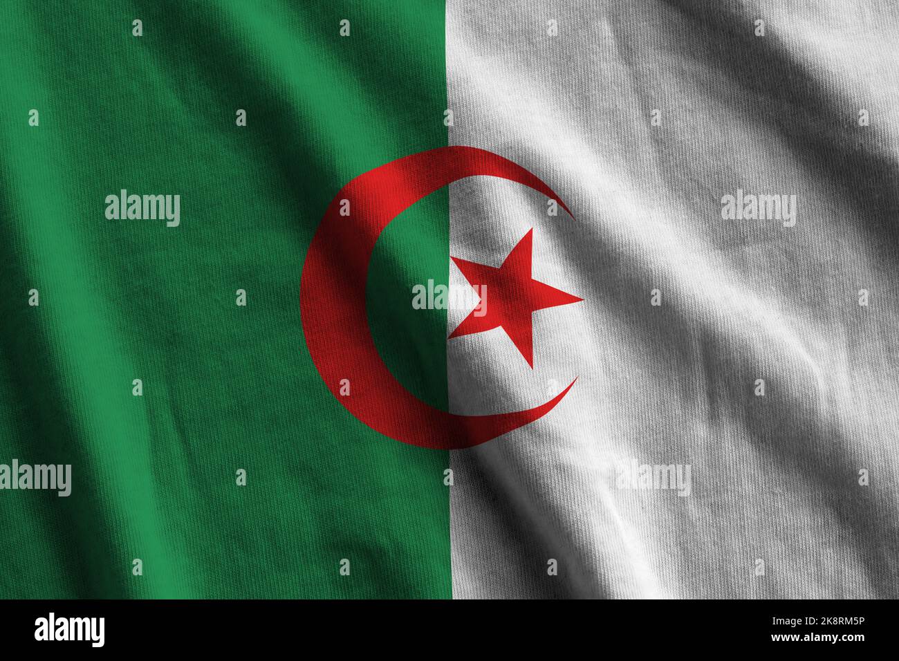 Algeria flag with big folds waving close up under the studio light ...