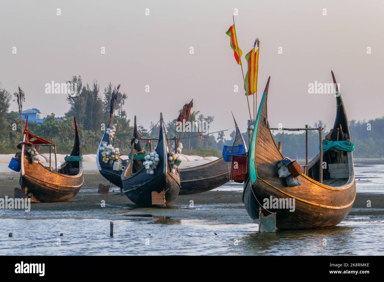 Landscape view of traditional wooden fishing boats known as moon boats ...
