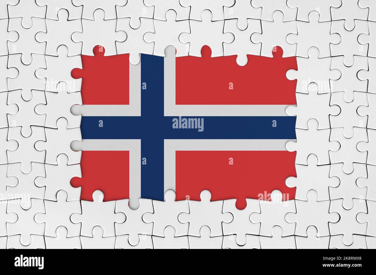 Norway flag in frame of white puzzle pieces with missing central parts ...