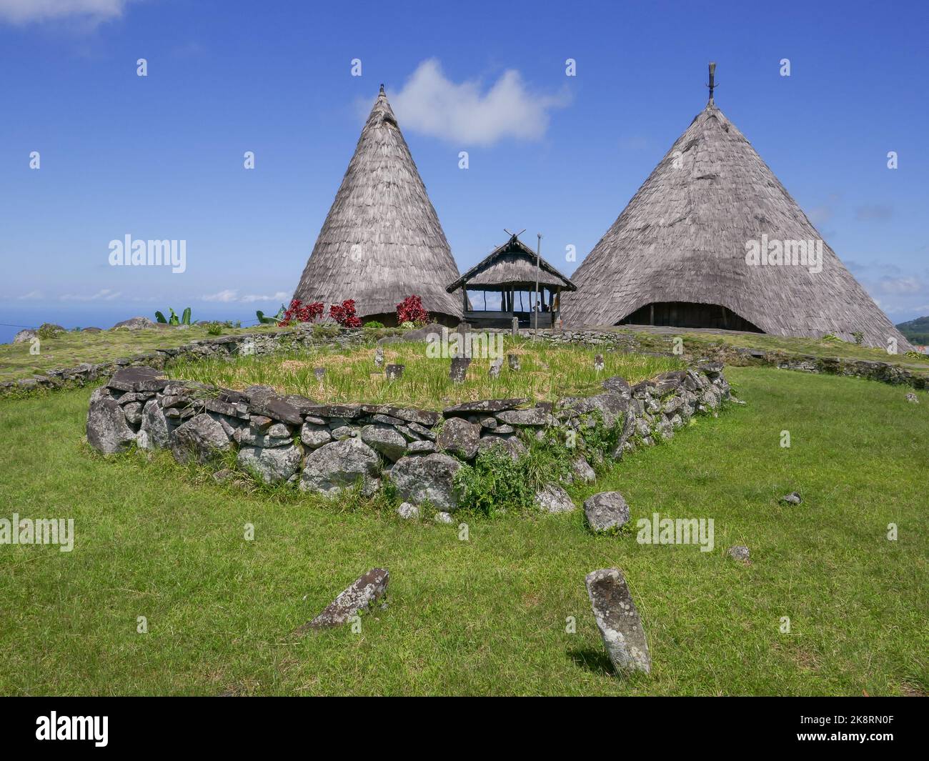 Landscape view of traditional Manggarai houses and sacred ritual area ...