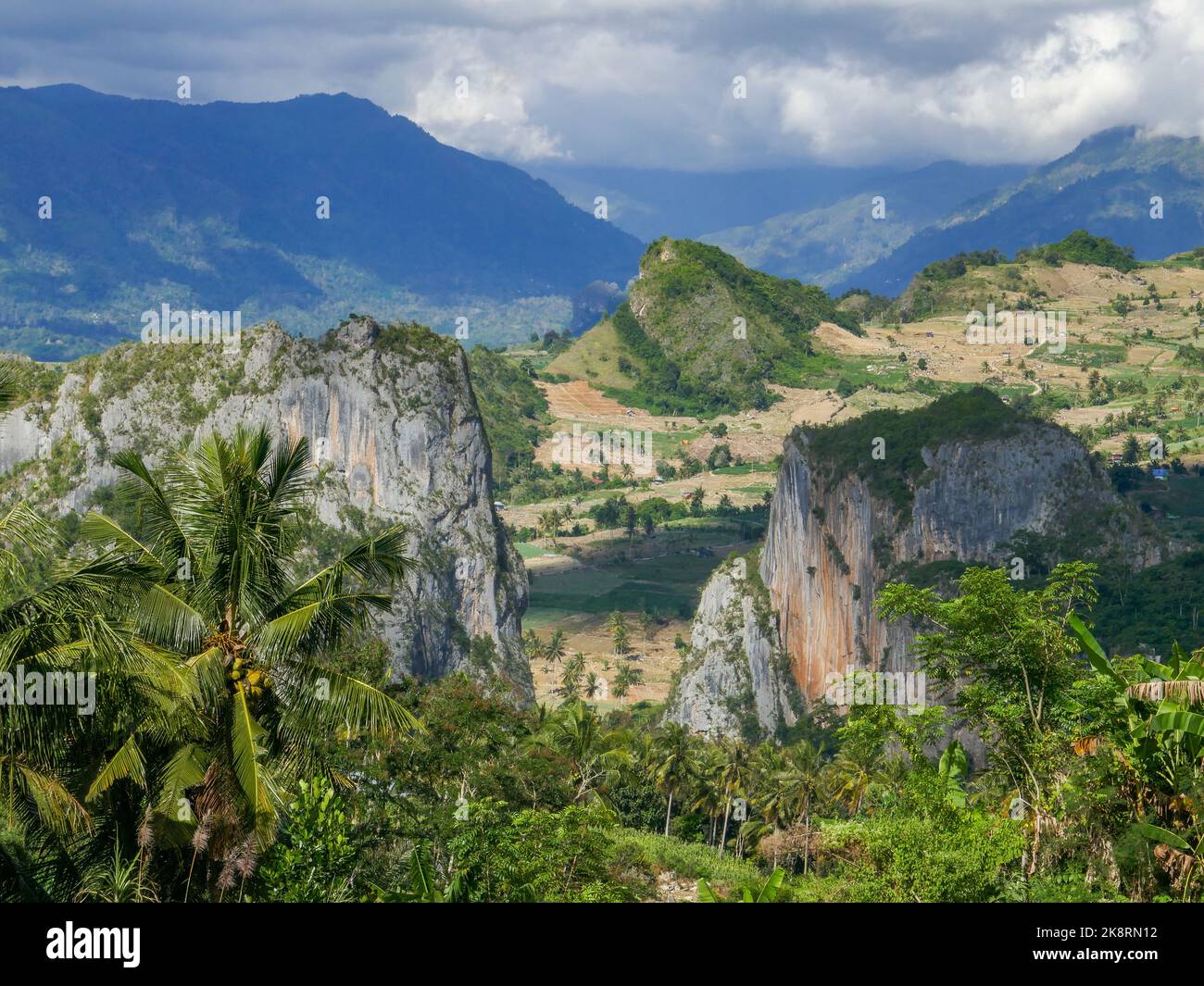 Scenic mountain landscape with moody sky near Puncak Lakawan, Enrekang ...