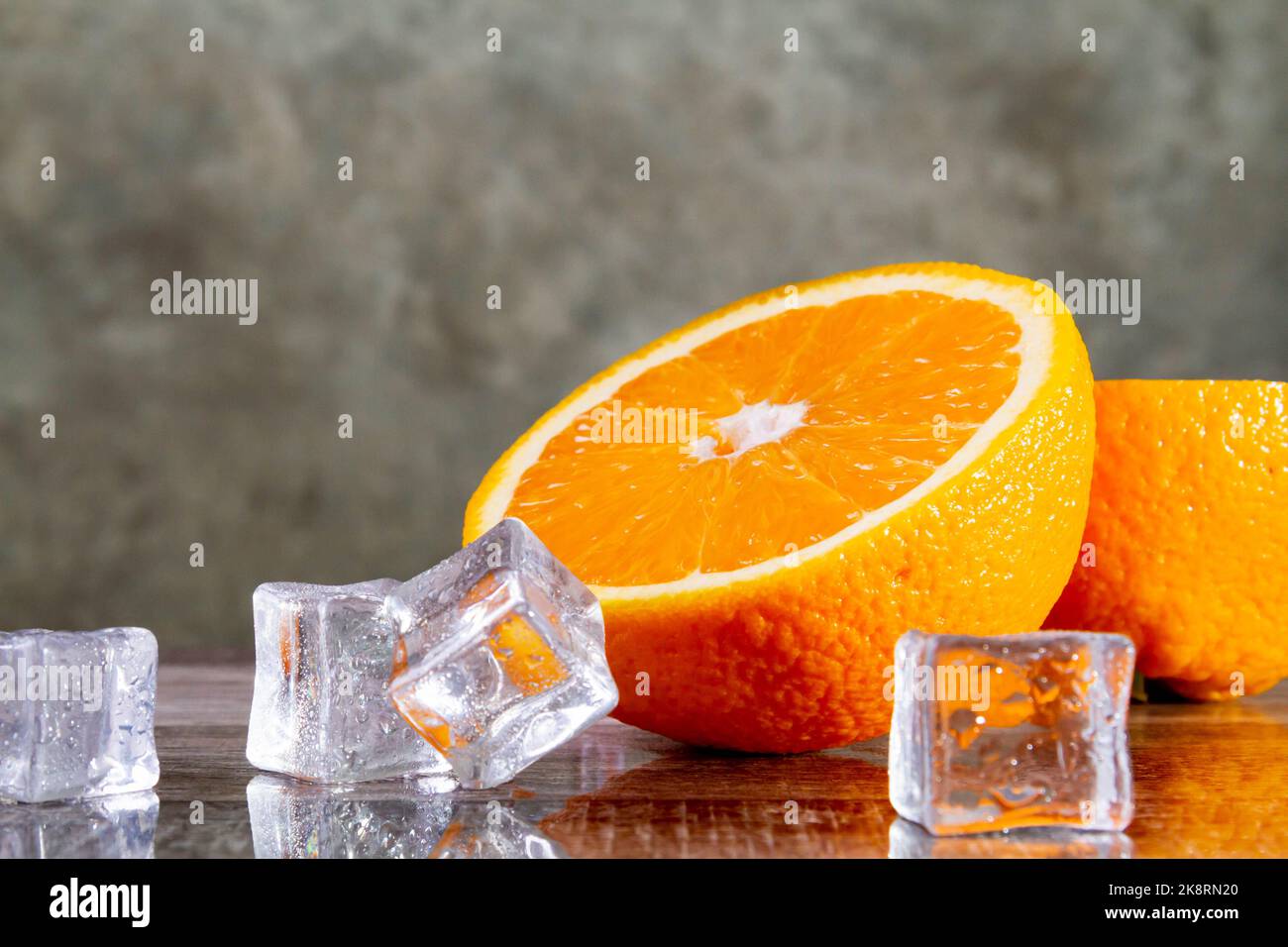 Orange and ice. Fresh ice juice. Fruity freshness of orange. Summer ...