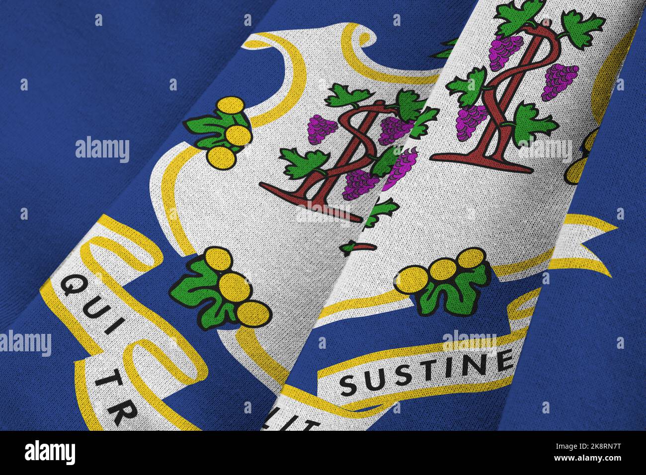 Connecticut US state flag with big folds waving close up under the ...