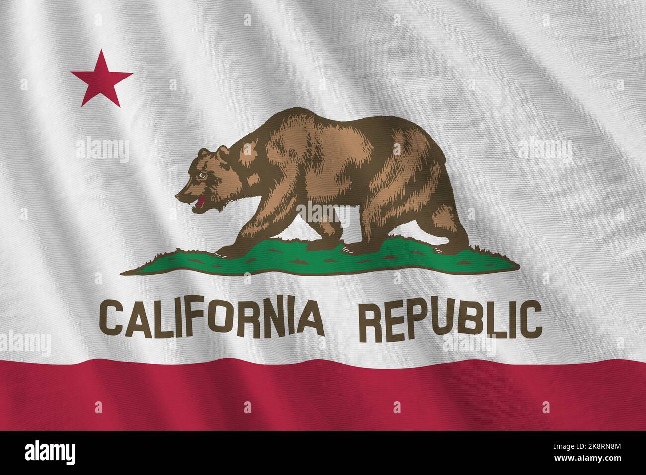 California US state flag with big folds waving close up under the ...