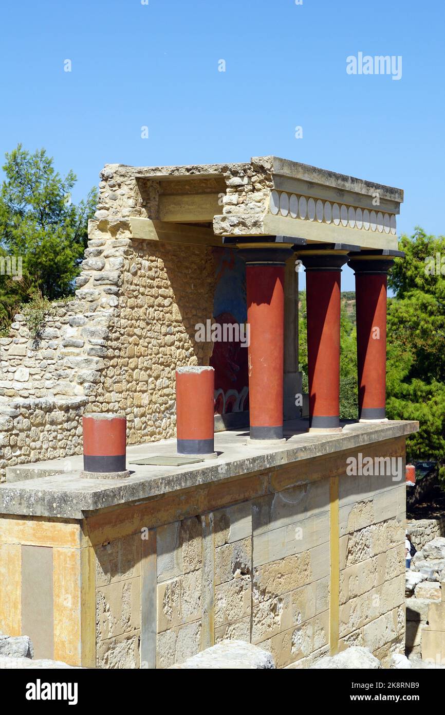 Restored North Entrance with charging bull fresco, Knossos, Bronze Age ...