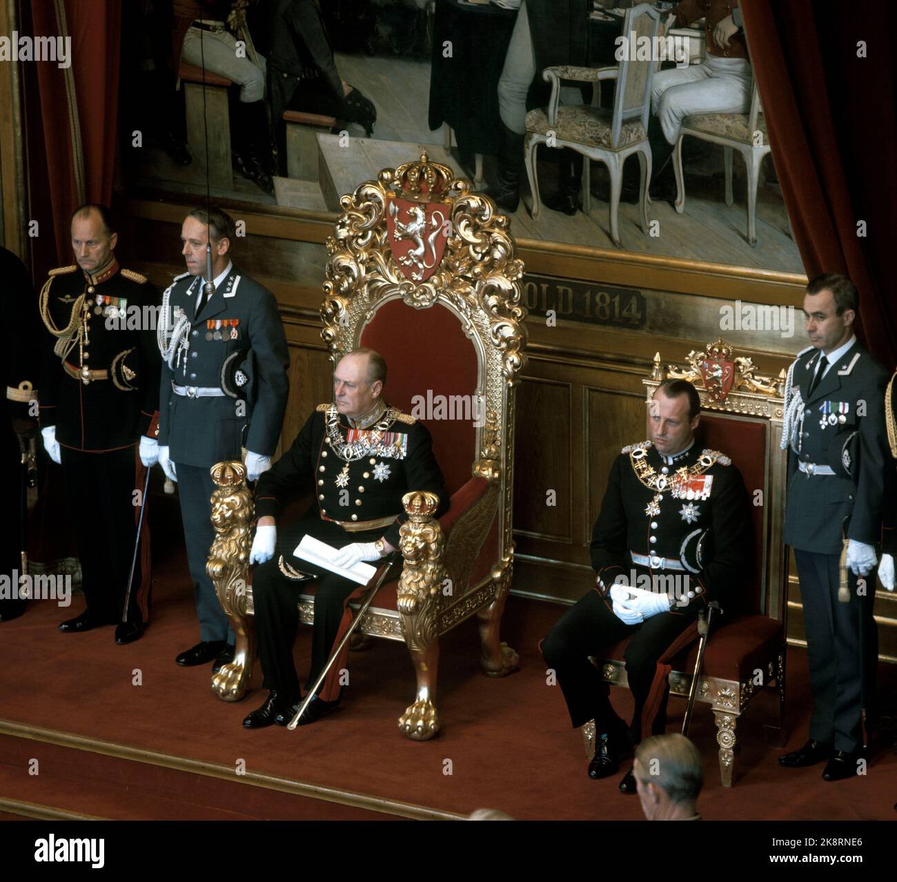 Oslo 19741001. The Storting. Opening of the 119th Storting. King Olav with the throne during the ...