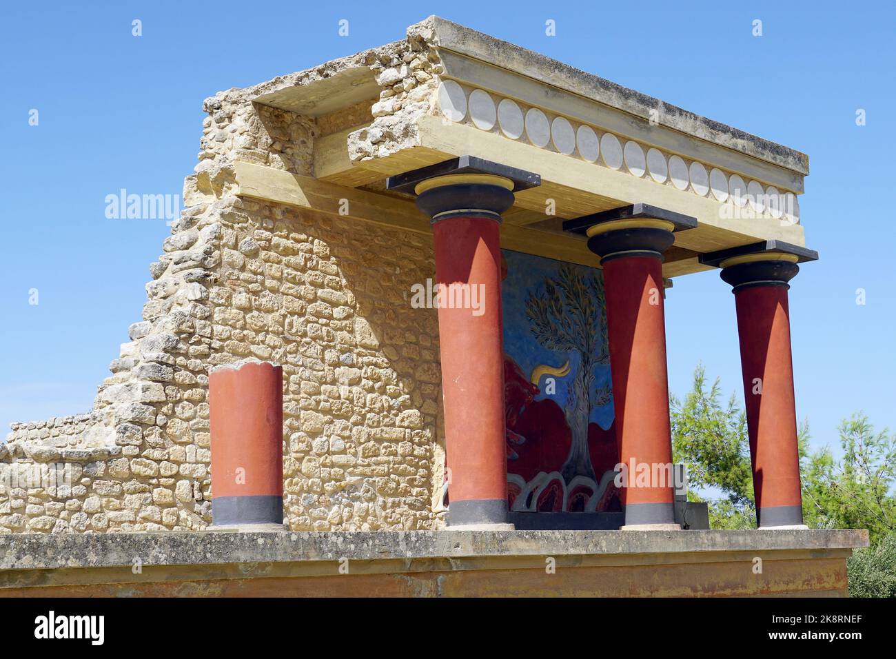 Restored North Entrance with charging bull fresco, Knossos, Bronze Age ...
