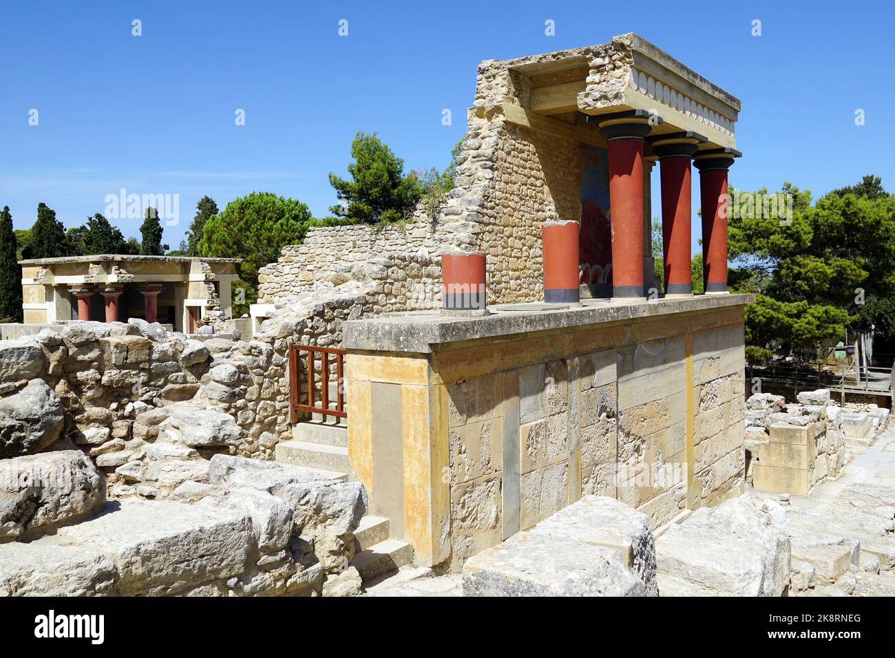 Restored North Entrance with charging bull fresco, Knossos, Bronze Age ...