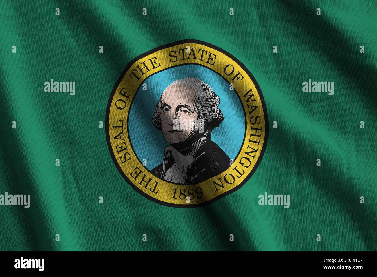 Washington US state flag with big folds waving close up under the ...