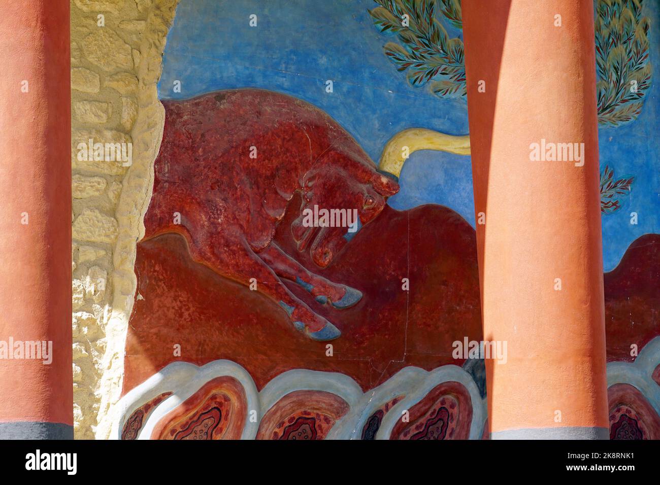 Restored North Entrance with charging bull fresco, Knossos, Bronze Age ...