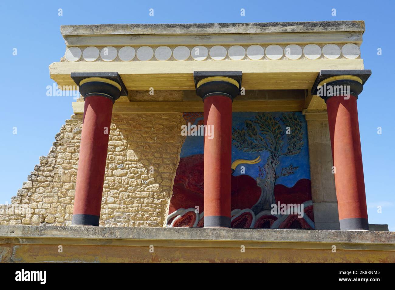 Restored North Entrance with charging bull fresco, Knossos, Bronze Age ...
