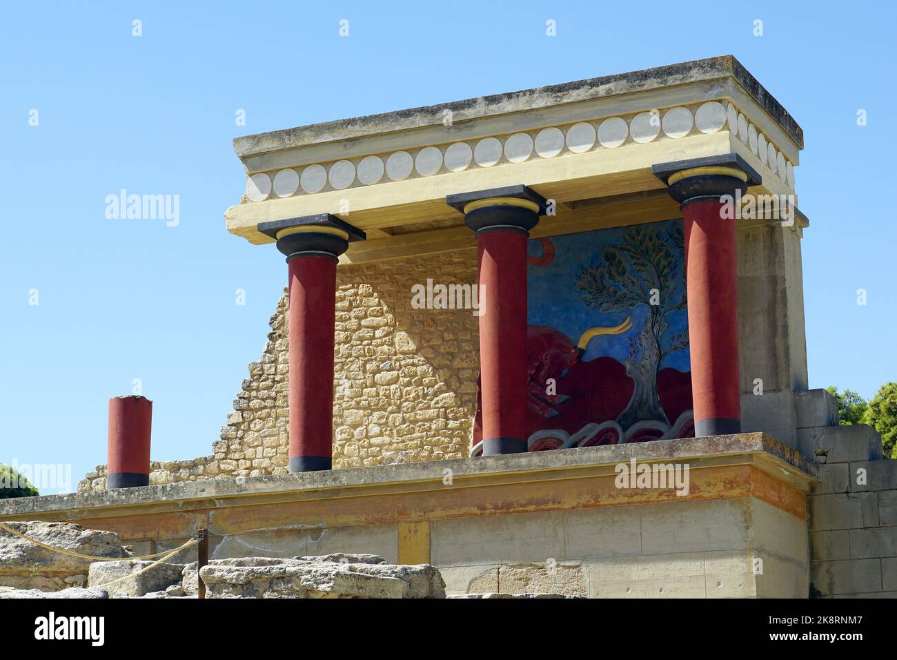 Restored North Entrance with charging bull fresco, Knossos, Bronze Age ...