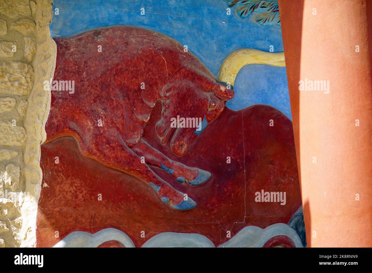 Restored North Entrance with charging bull fresco, Knossos, Bronze Age ...