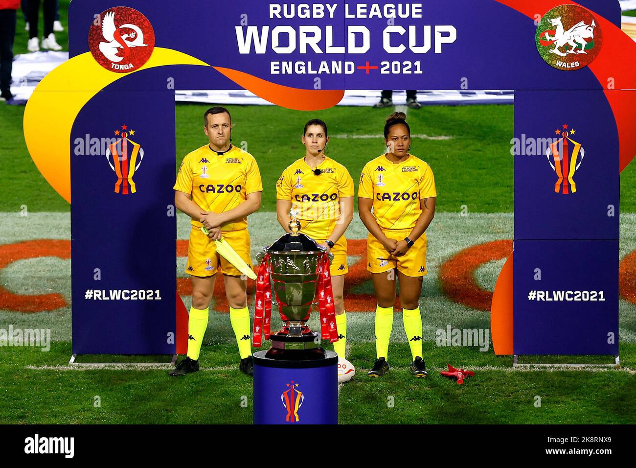 Referee Kasey Badger (centre) before the Rugby League World Cup group D ...