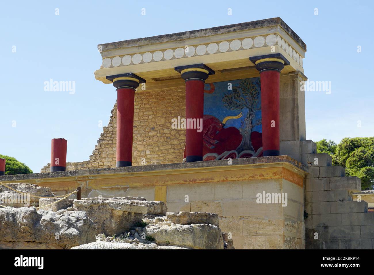 Restored North Entrance with charging bull fresco, Knossos, Bronze Age ...
