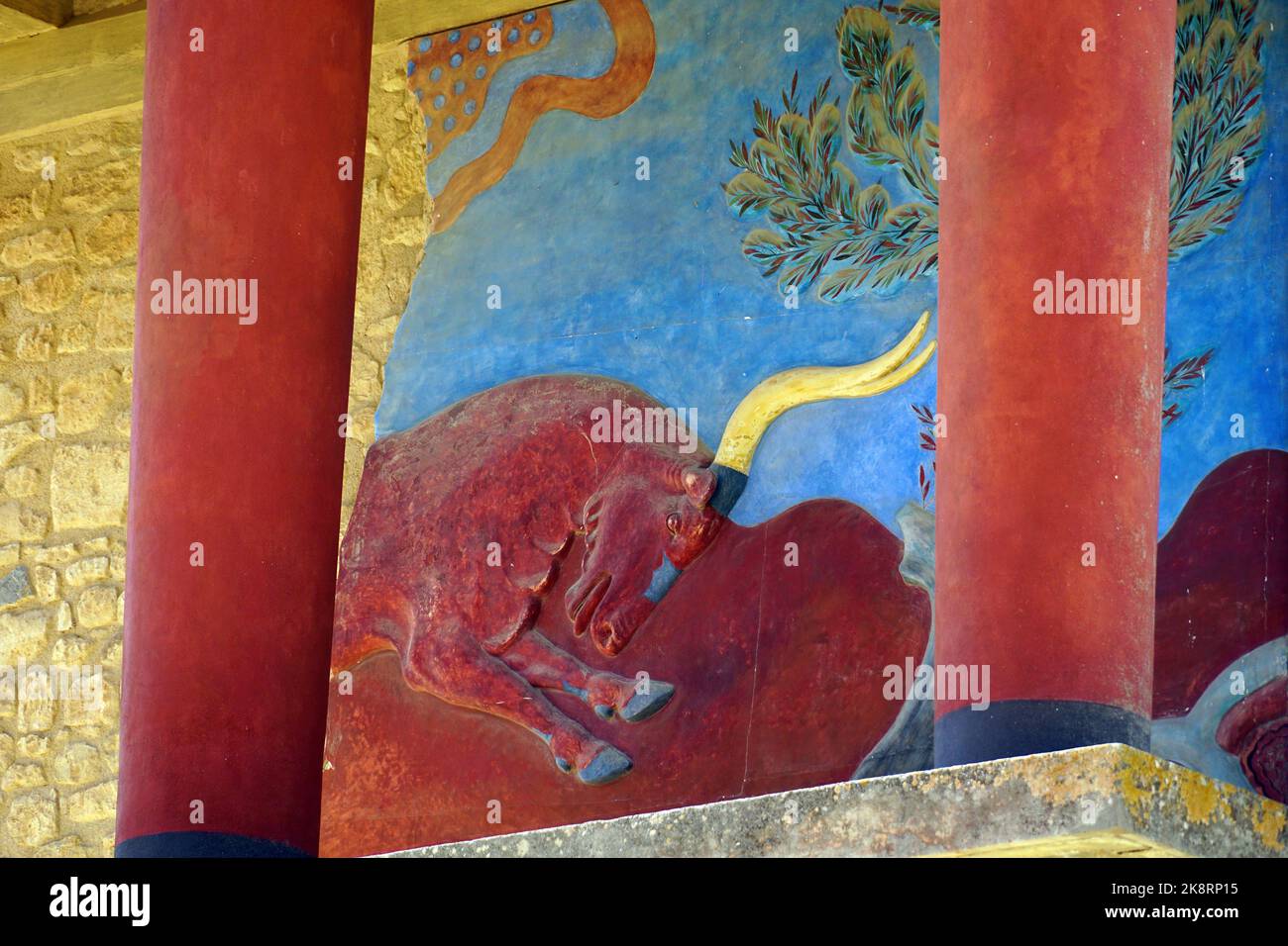 Restored North Entrance with charging bull fresco, Knossos, Bronze Age ...