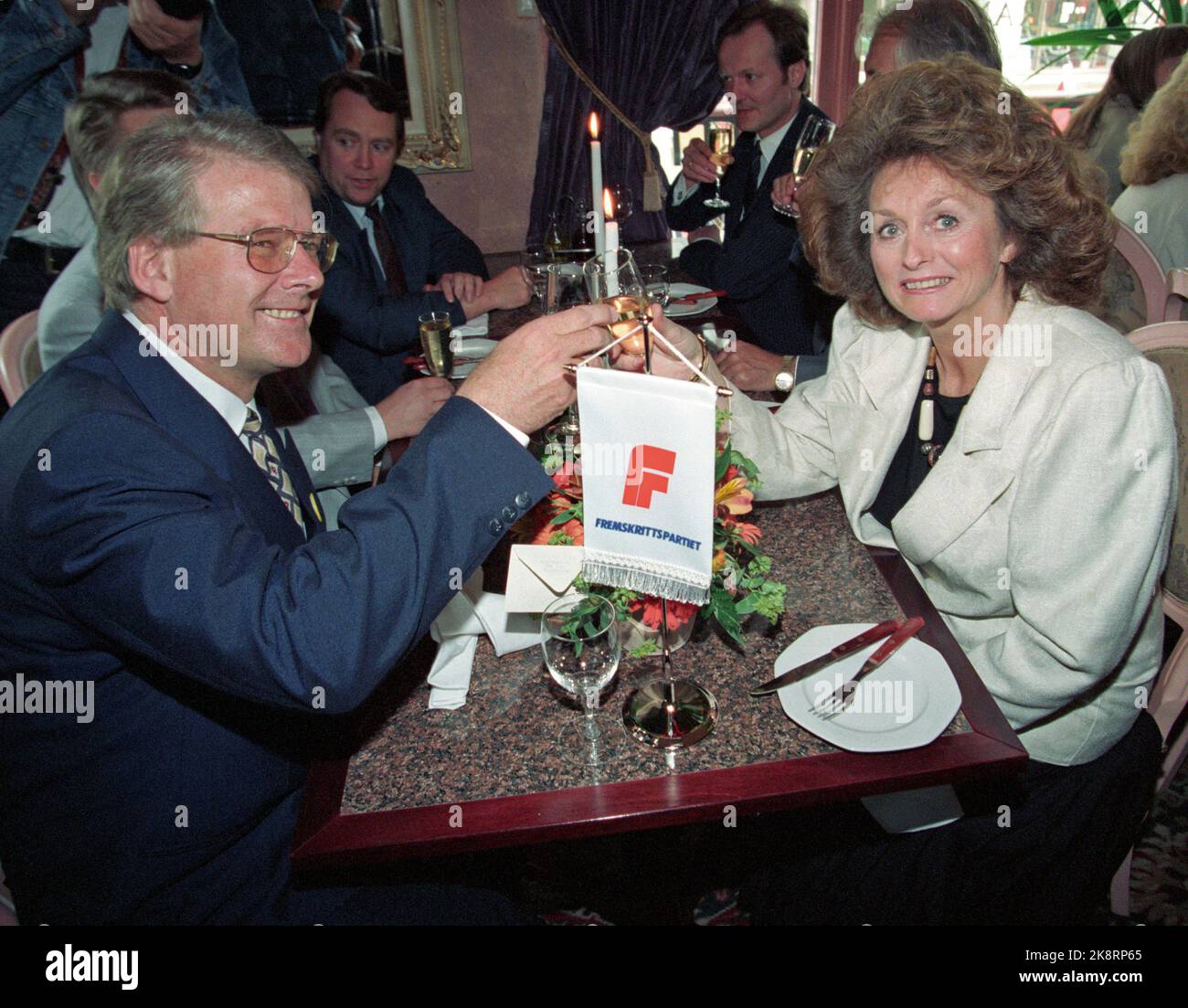 Oslo 19940506: Carl I. Hagen, chairman Progress Party, celebrates his ...