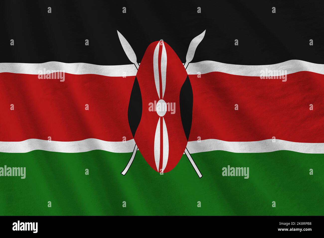 Kenya flag with big folds waving close up under the studio light ...