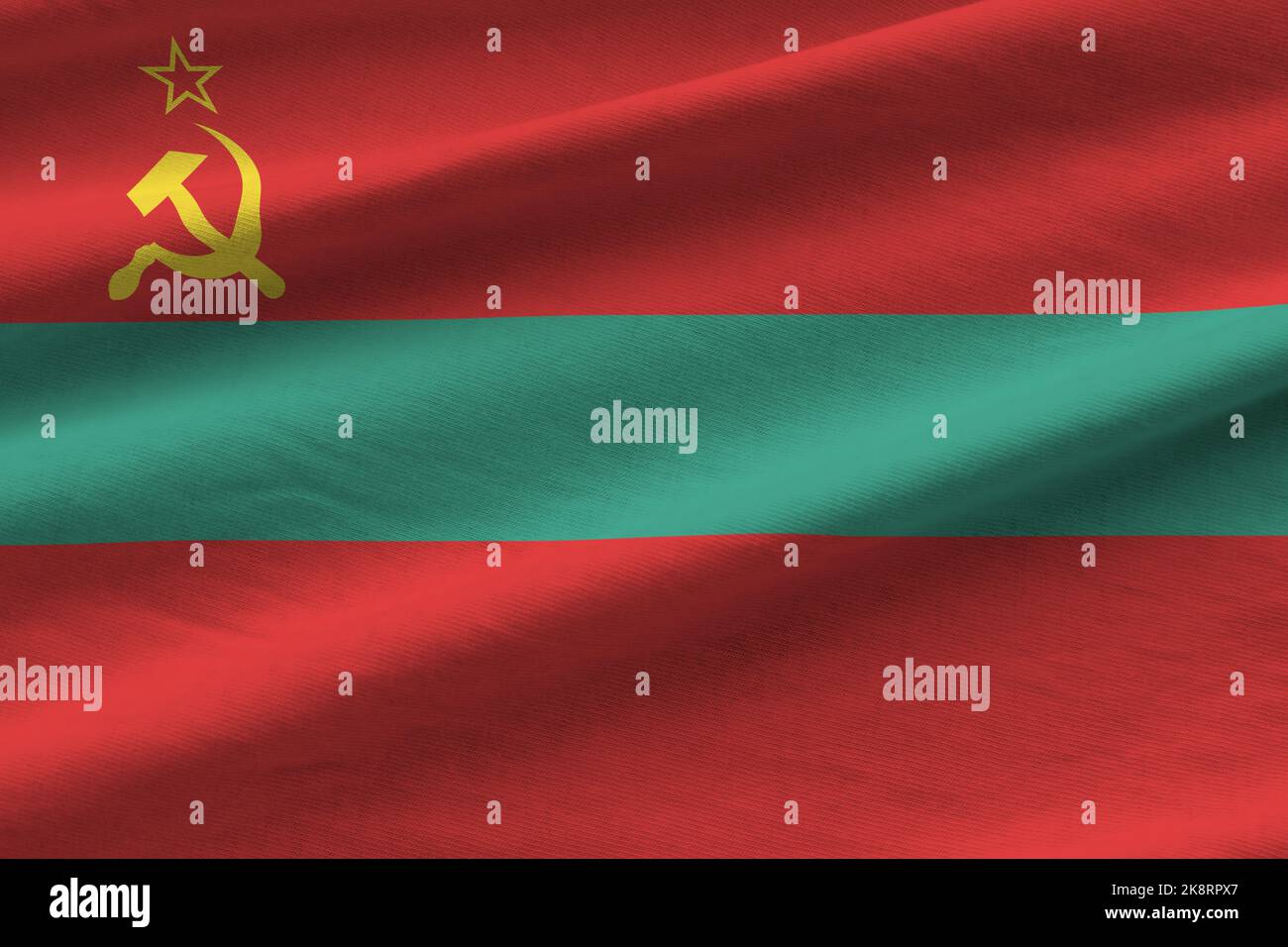 Transnistria flag with big folds waving close up under the studio light ...