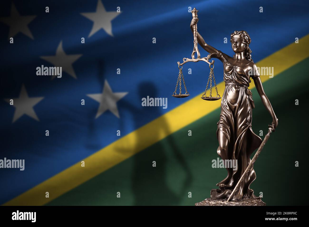 Solomon Islands Flag With Statue Of Lady Justice And Judicial Scales In