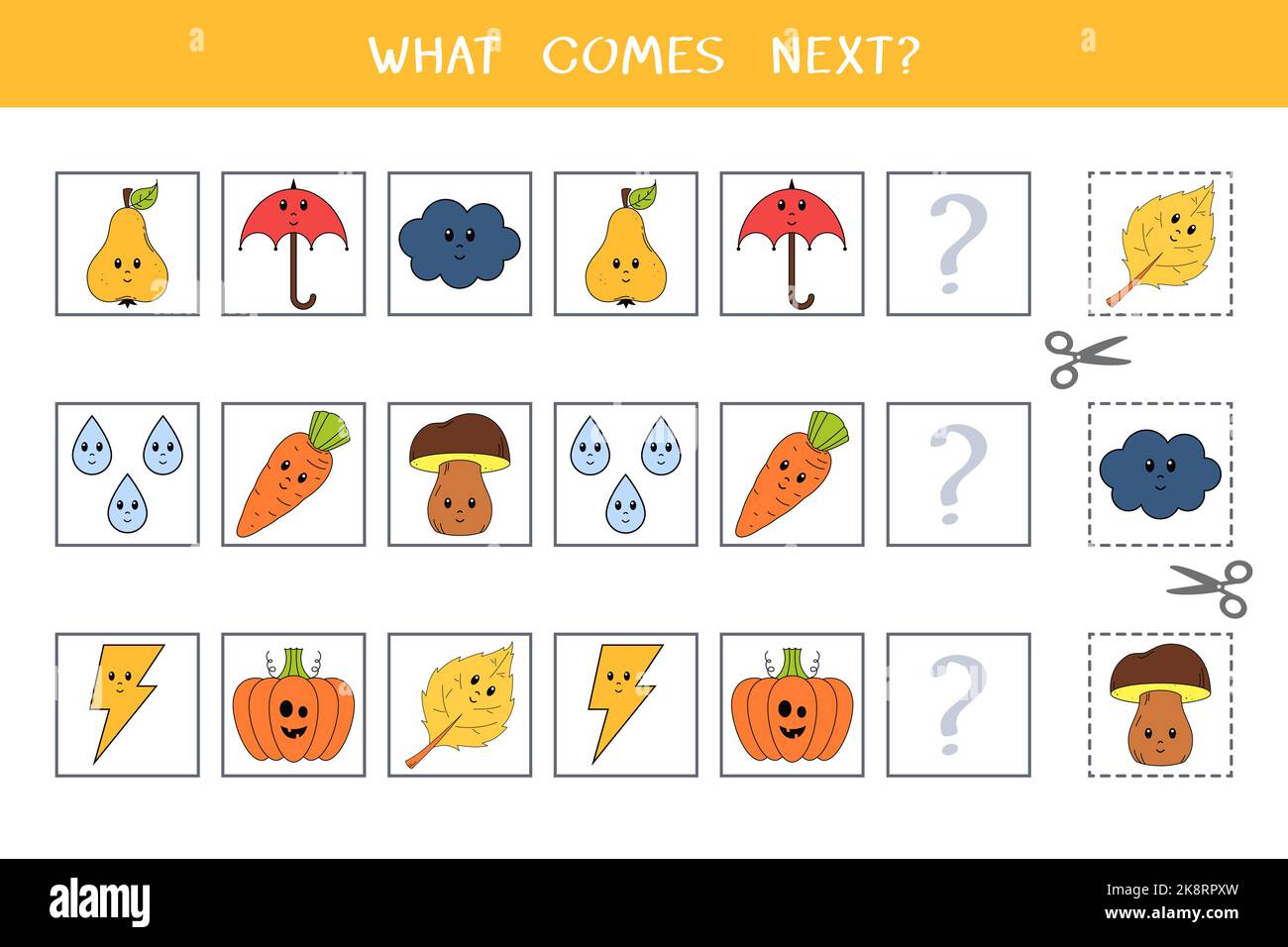 Simple logic game for kids. Find the next object in the row. Cut and ...