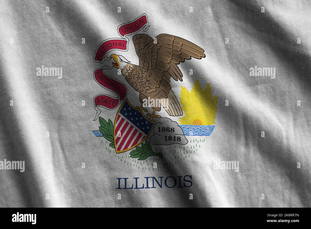 Illinois US state flag with big folds waving close up under the studio ...