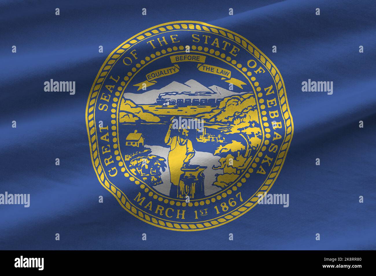 Nebraska US state flag with big folds waving close up under the studio ...