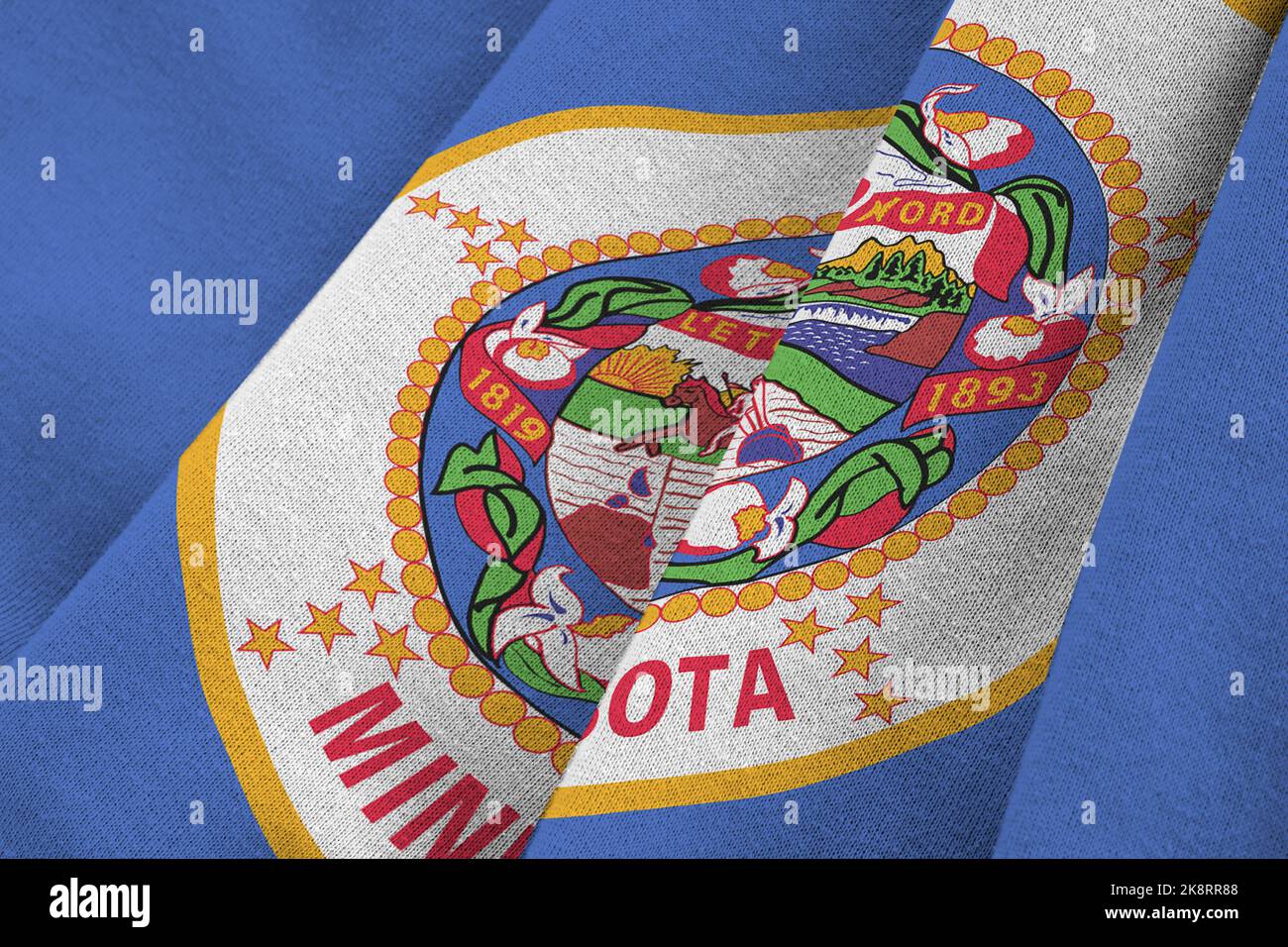 Minnesota US state flag with big folds waving close up under the studio ...