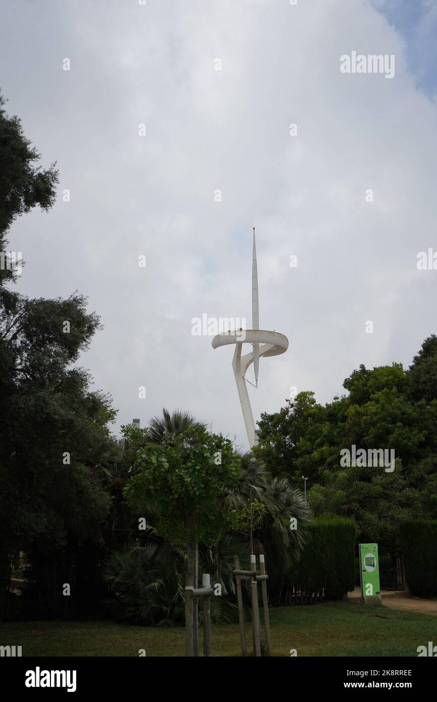 A vertical low-angle of a tower Torre de Comunicacions de Montjuic ...
