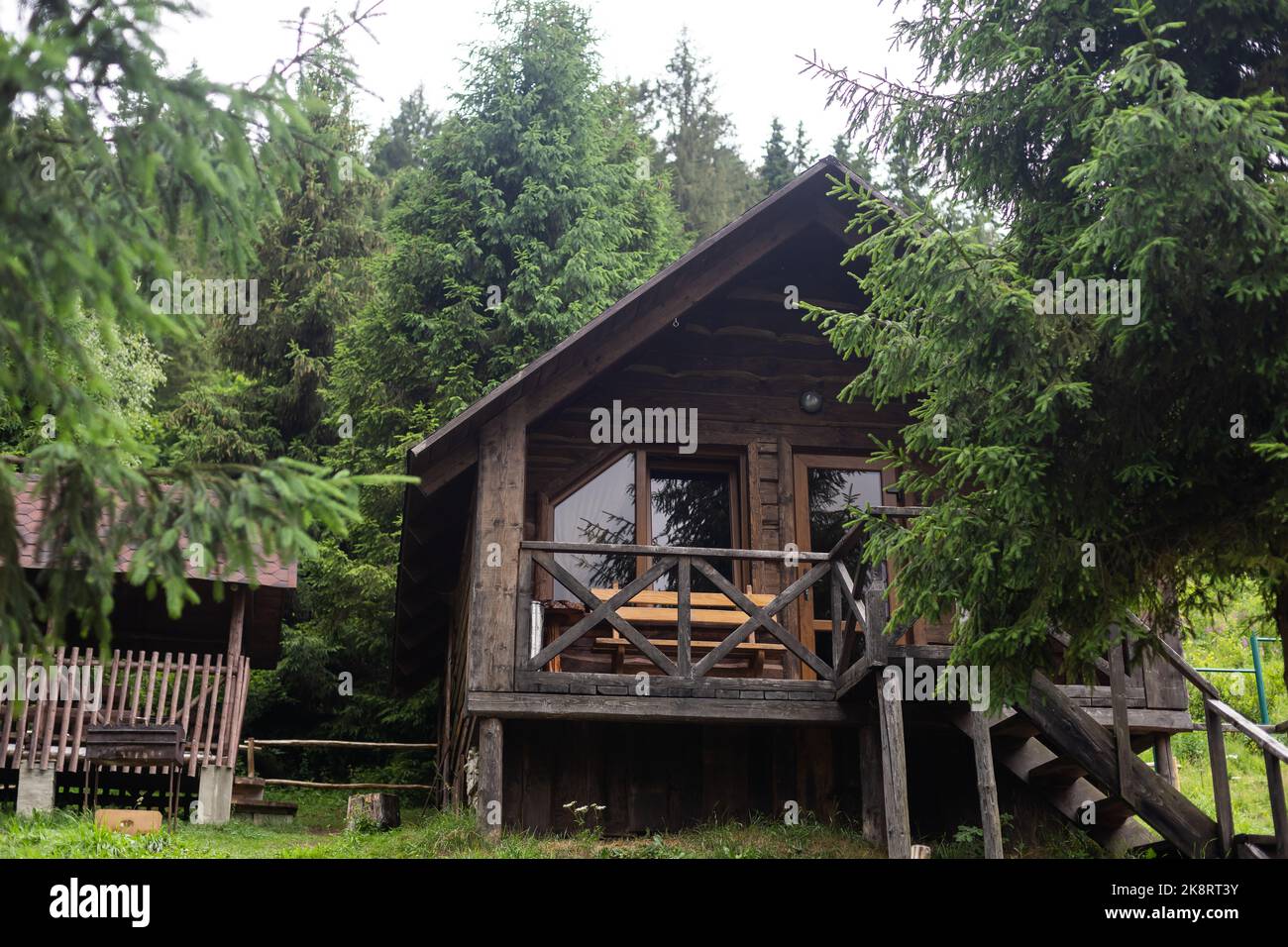 Wooden terrace of wooden house. wooden planking. windows. Outside ...