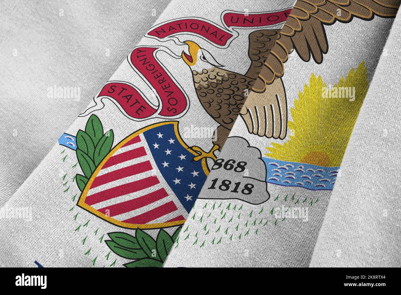 Illinois US state flag with big folds waving close up under the studio ...