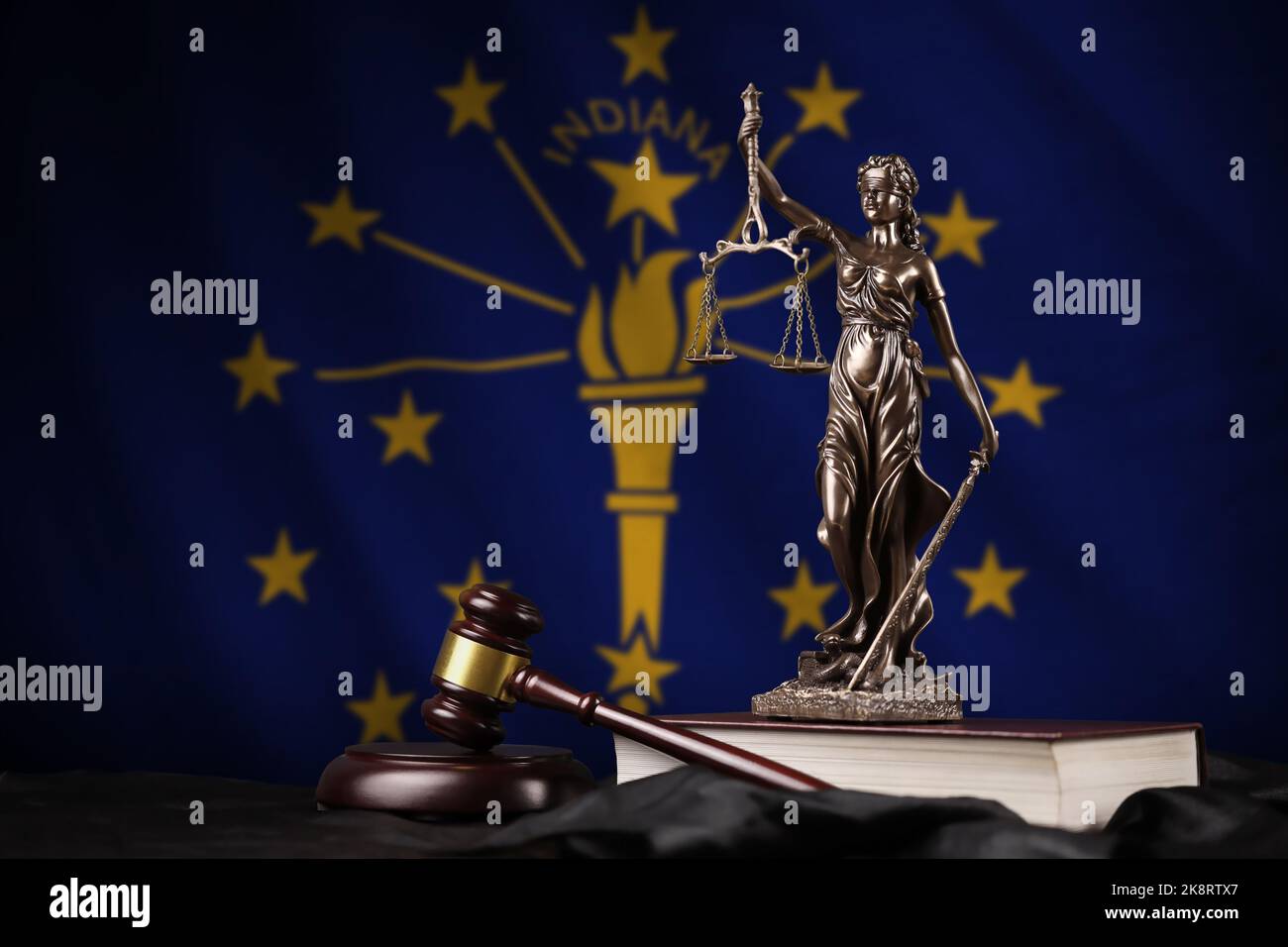 Indiana US state flag with statue of lady justice, constitution and ...